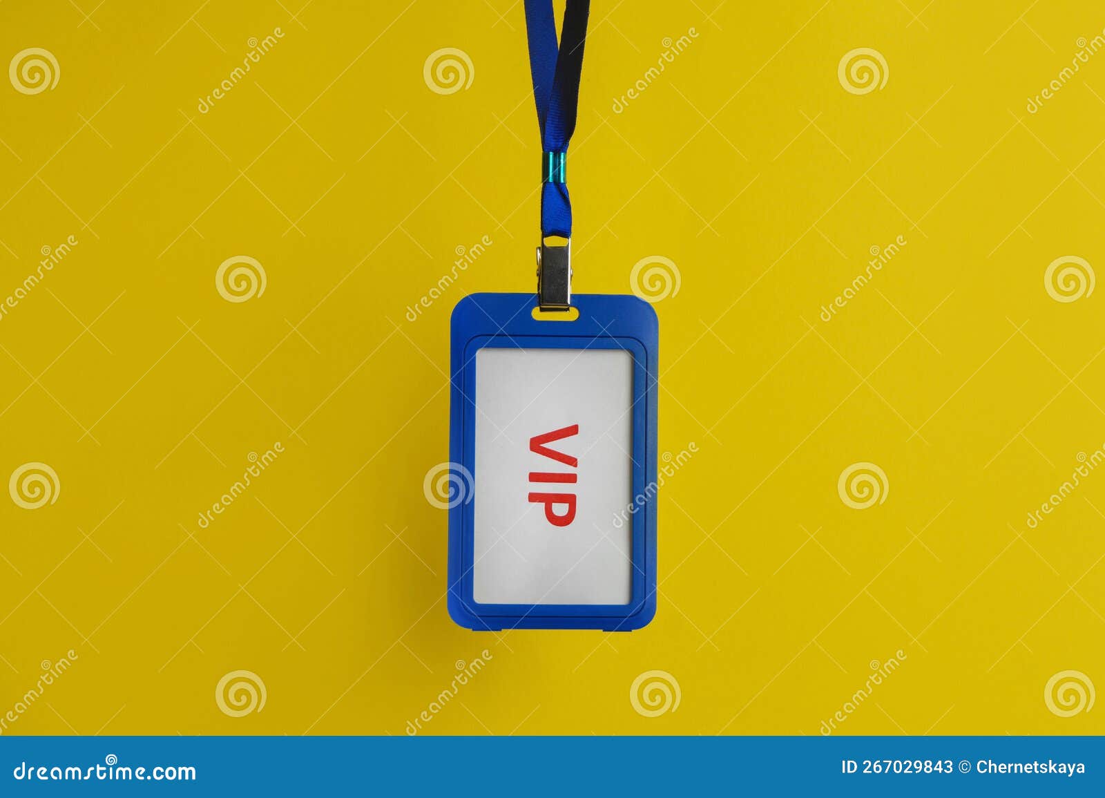 Blue Plastic Vip Badge Hanging on Yellow Background Stock Image - Image ...