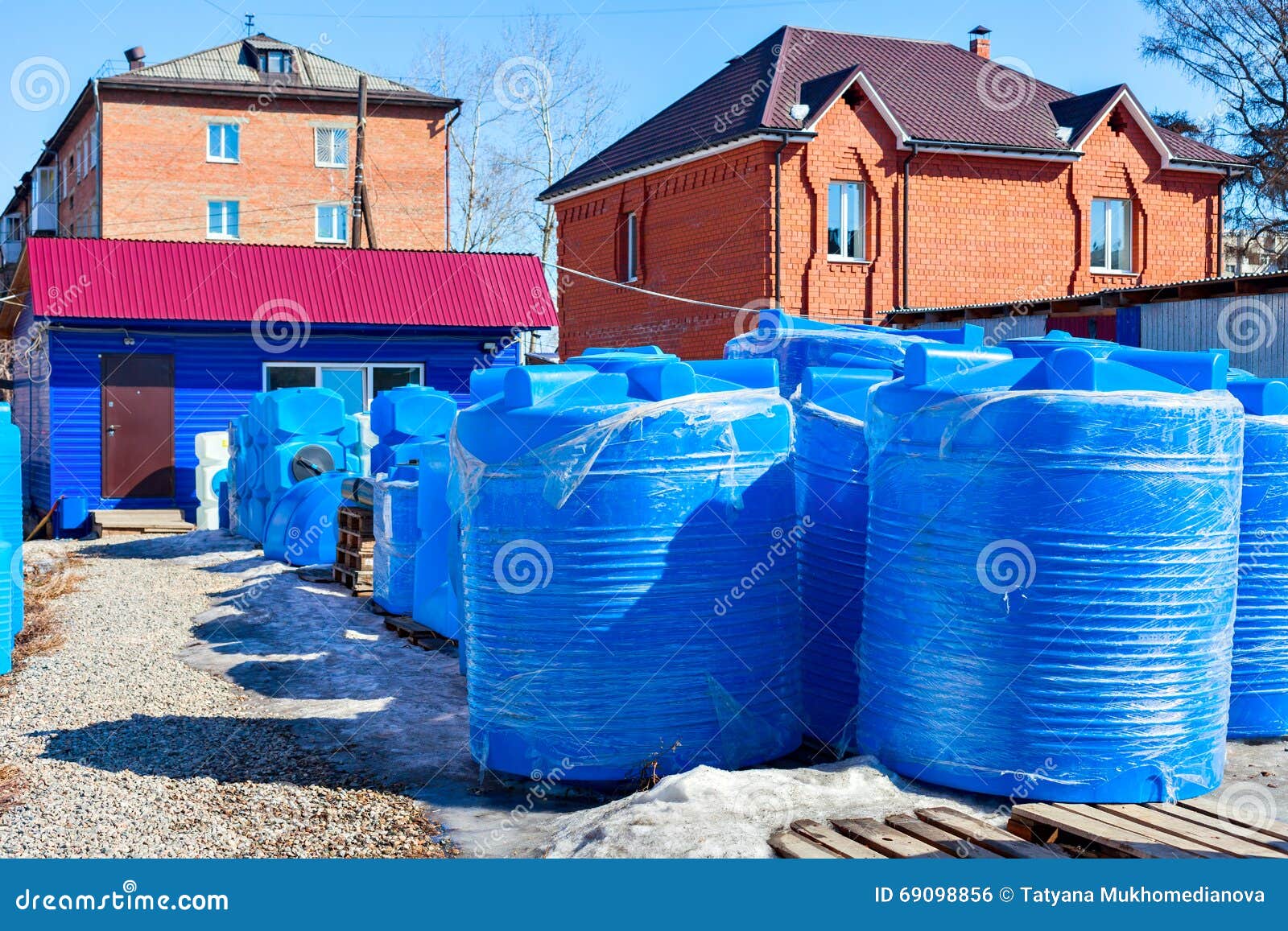 Blue plastic water tank stock photo. Image of background - 69098856