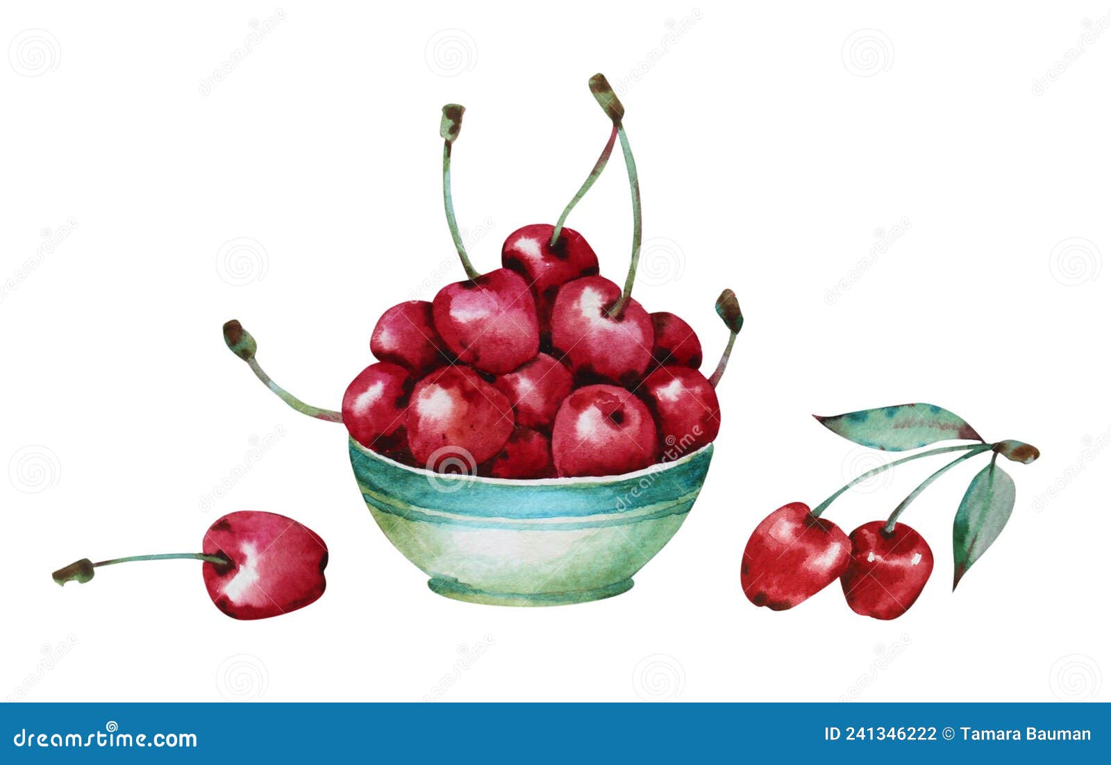 Blue Plate Full of Cherries. Watercolor Drawing Stock Photo - Image of ...