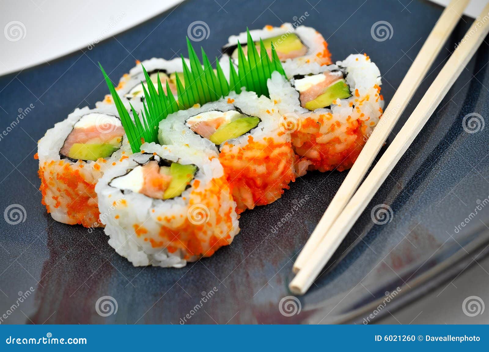 Blue Plate with Sushi Appetizer and Chopsticks Stock Photo - Image of ...