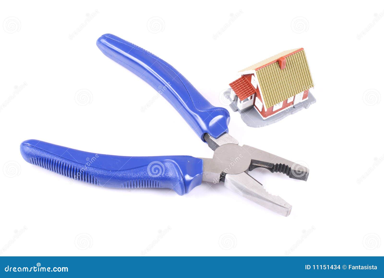 Blue Pliers and Little House Over White. Stock Photo - Image of home ...