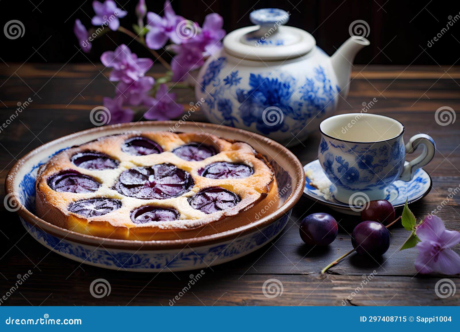 Blue Plum Clafoutis with Flan and Cup of Tea Stock Image - Image of ...