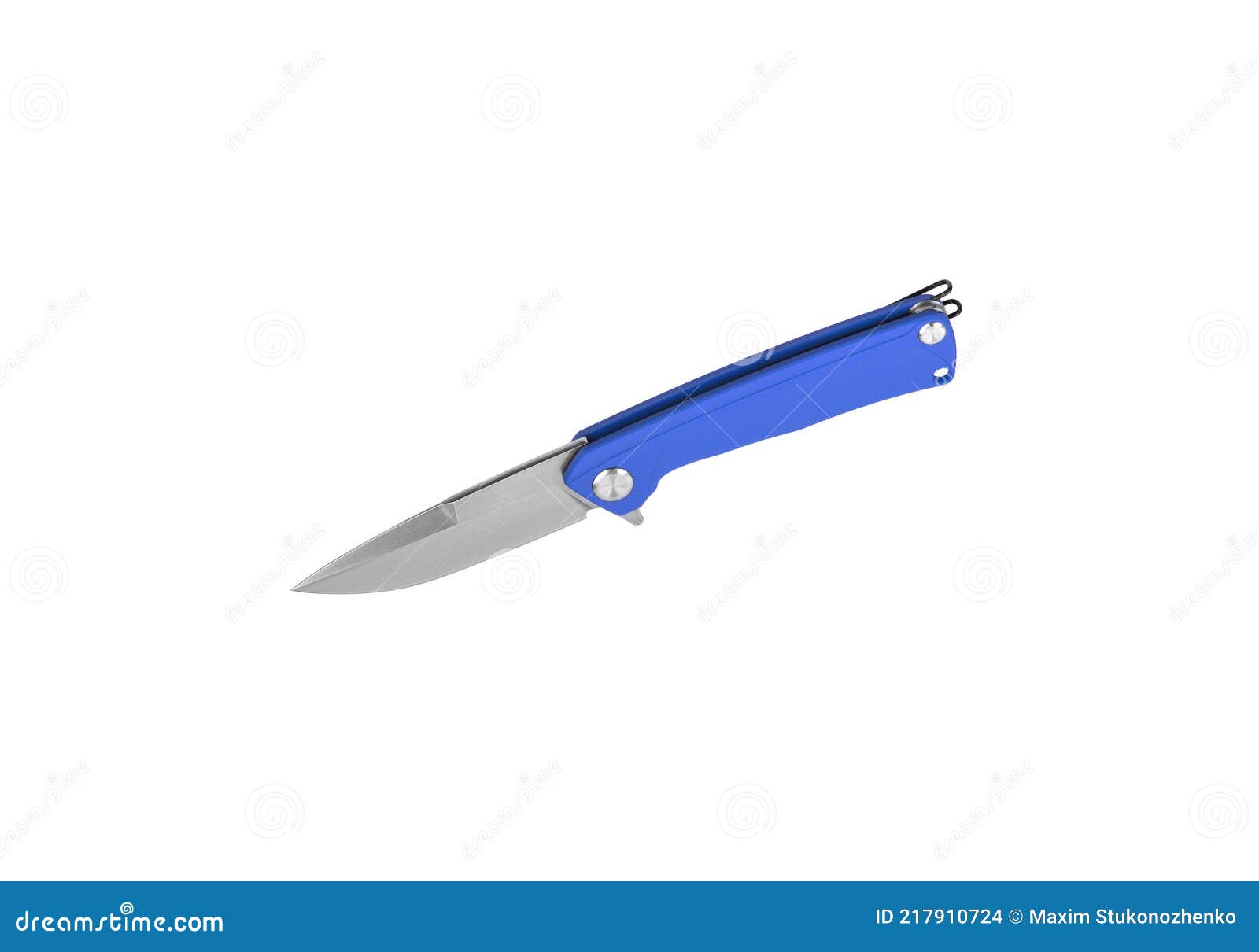 Blue Pocket Folding Knife Isolate on White Back. Compact Metal Sharp ...