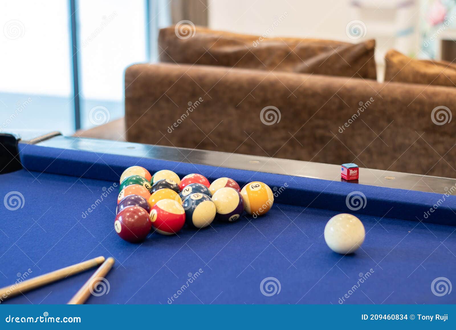 Blue Pool table with balls stock photo. Image of game - 209460834