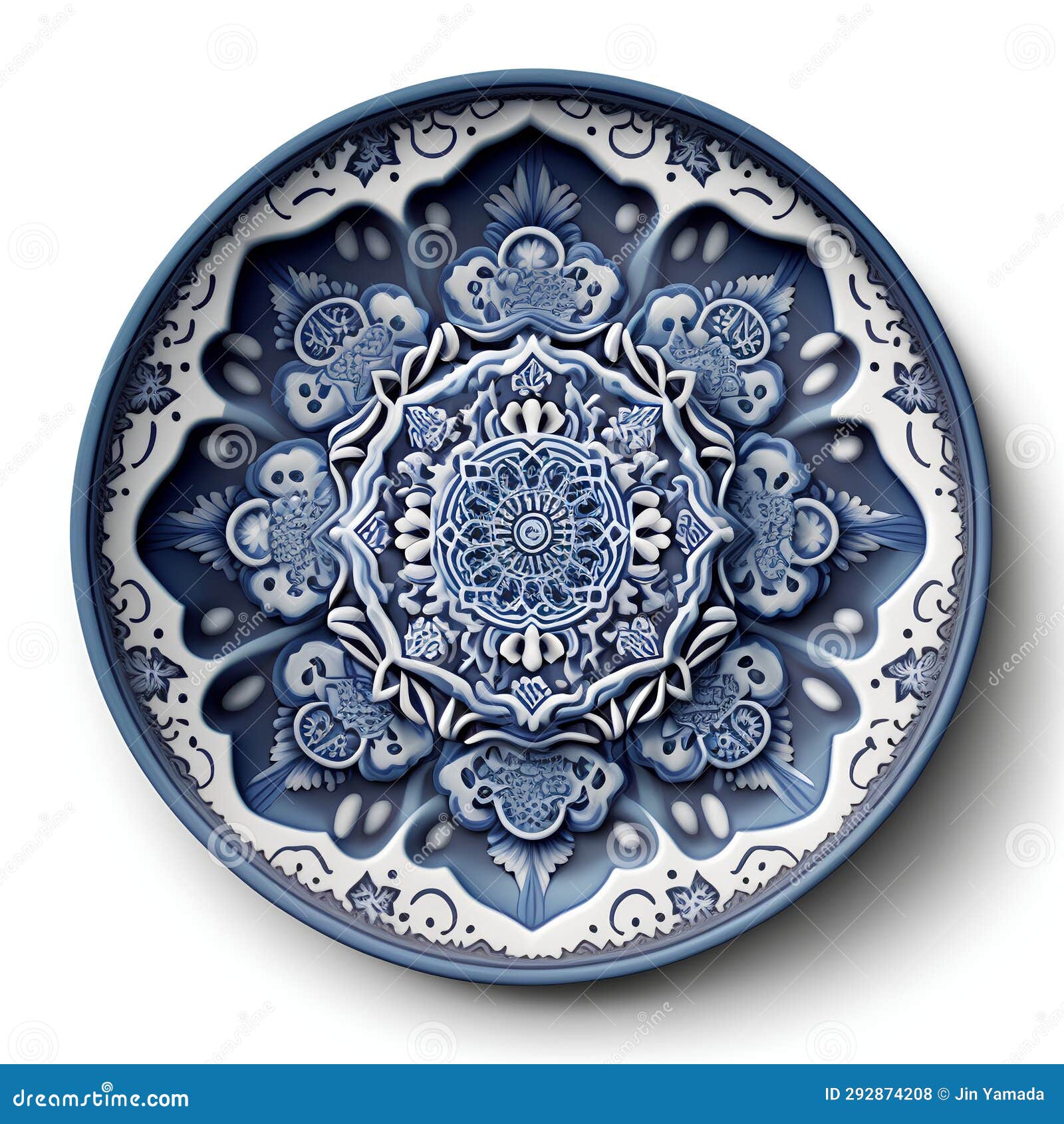 Blue Porcelain Plate with Floral Pattern on a White Background. Stock ...