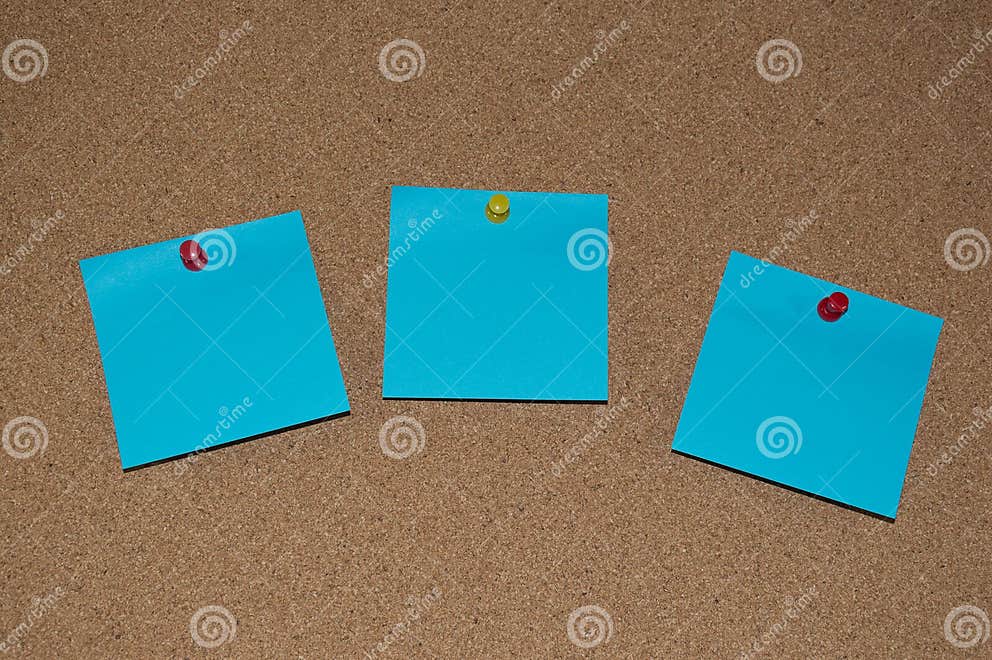 Blue Post it Notes on a Cork Board Stock Photo - Image of pinned ...