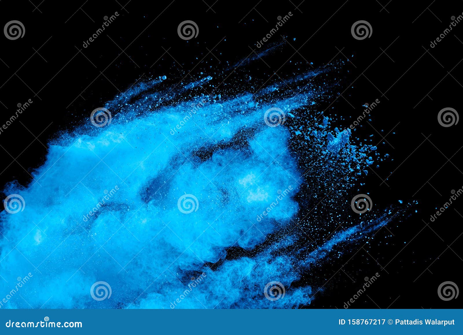 Blue Powder Explode Cloud on Black Background. Launched Blue Dust ...