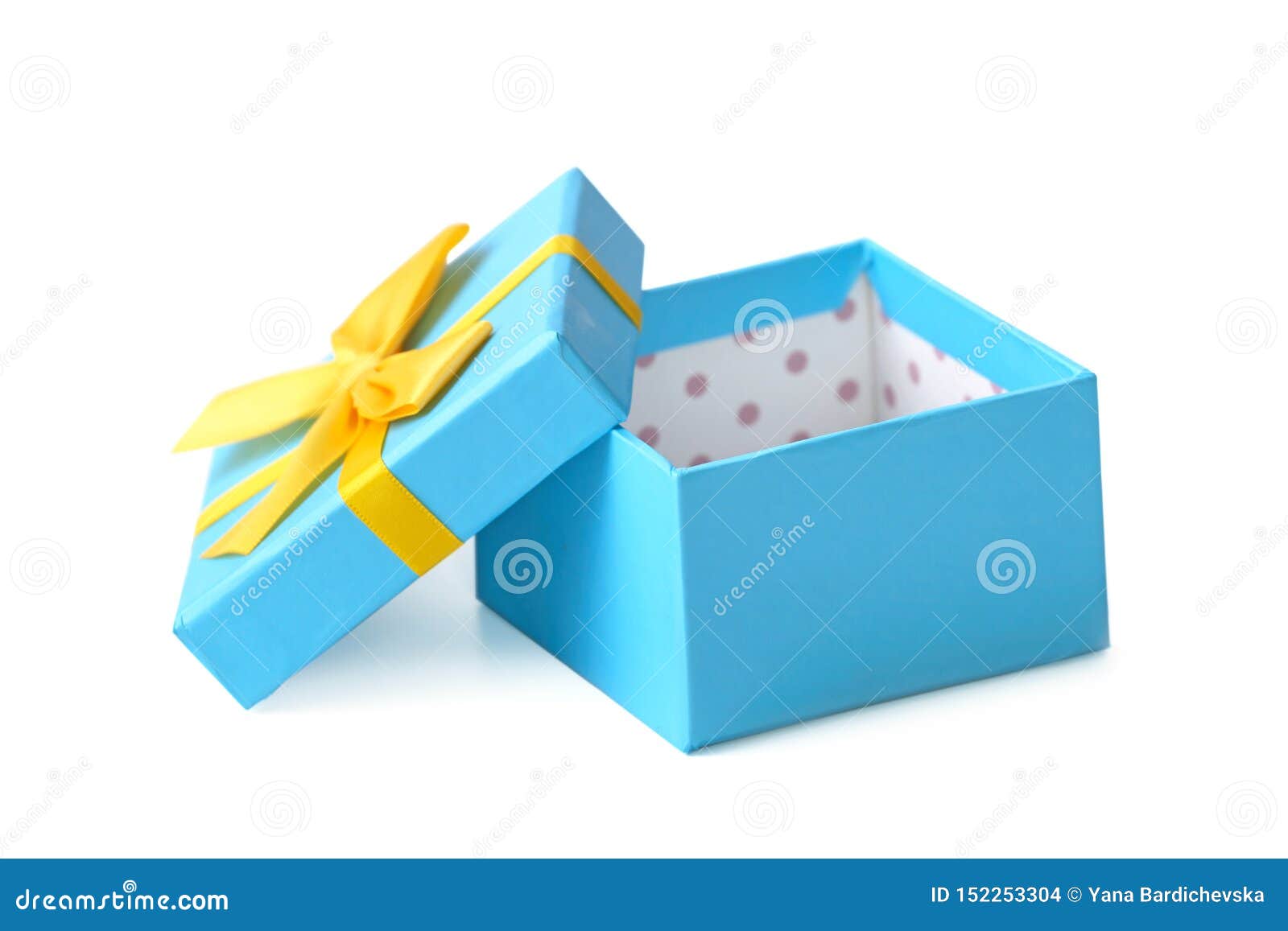 Blue Present Box with Yellow Ribbon Opened Isolated on White Stock ...