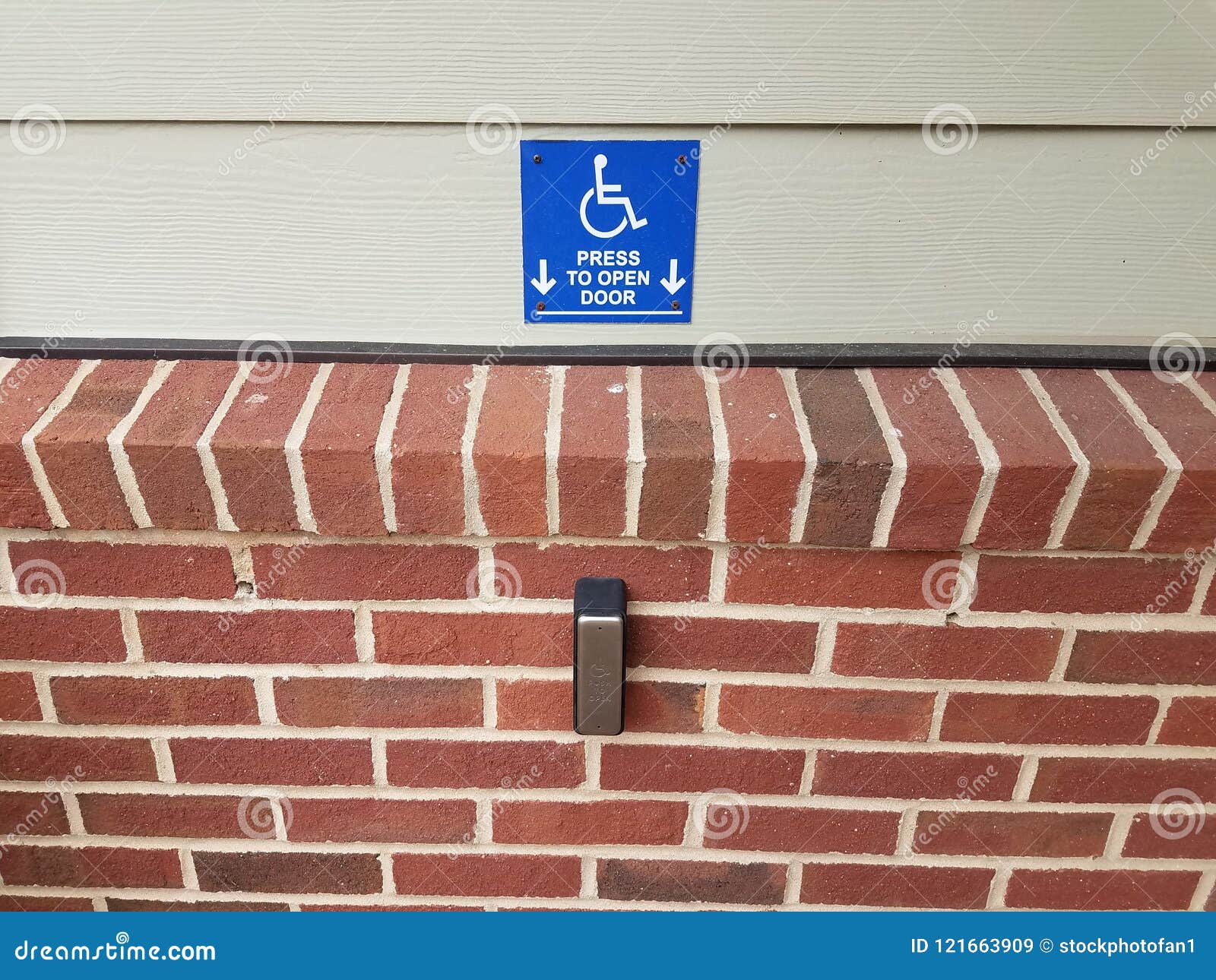 Blue Press To Open Wheelchair Button and Red Bricks Stock Image - Image ...