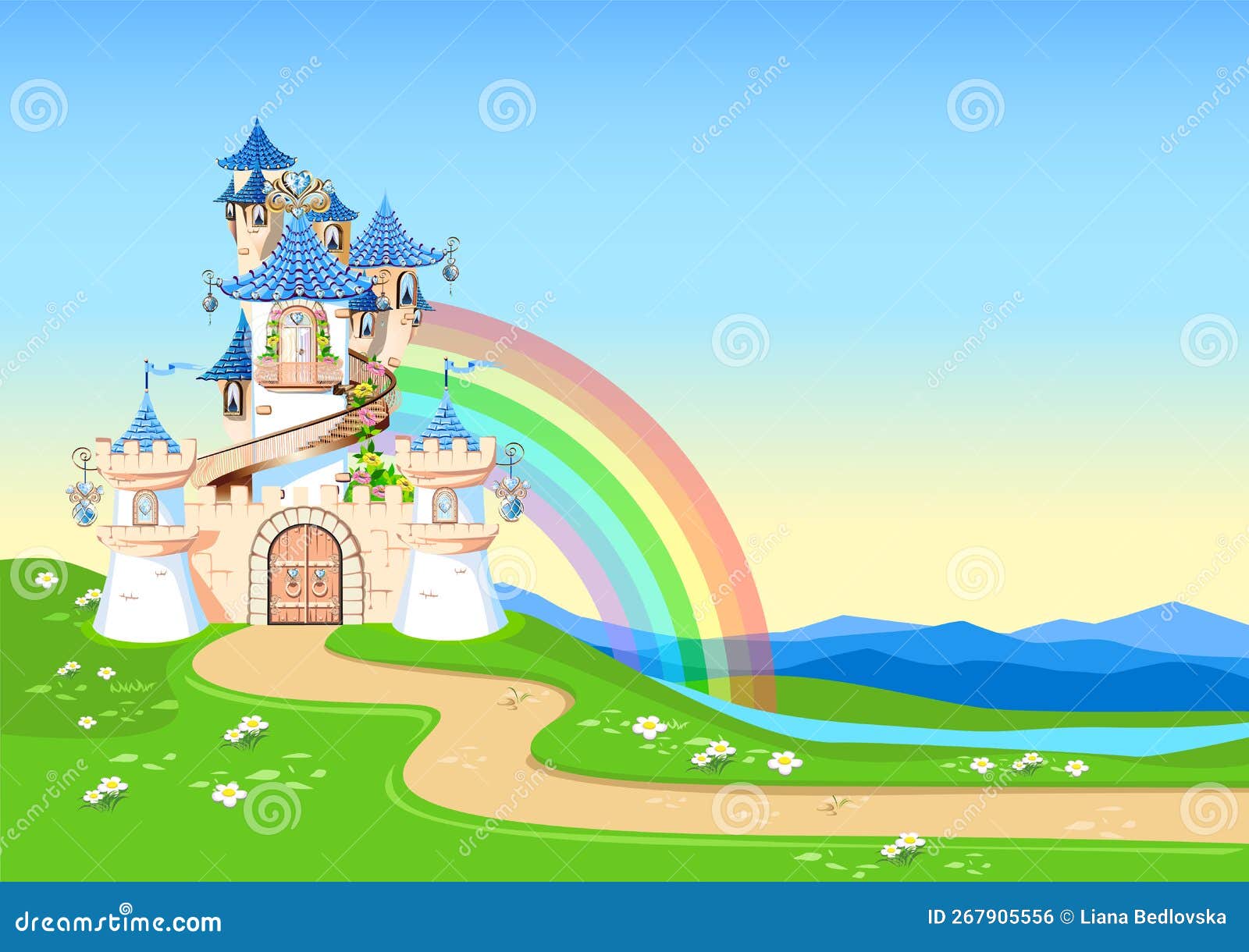 Fairytale Background with Princess Castle in Blooming Valley Stock ...