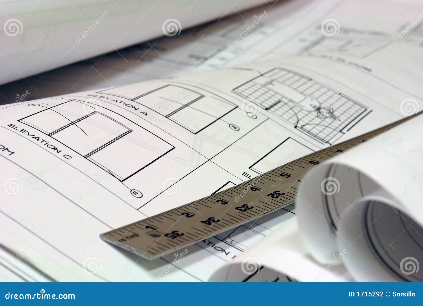Blue Print Building Plans with Ruler Stock Photo - Image of designer ...