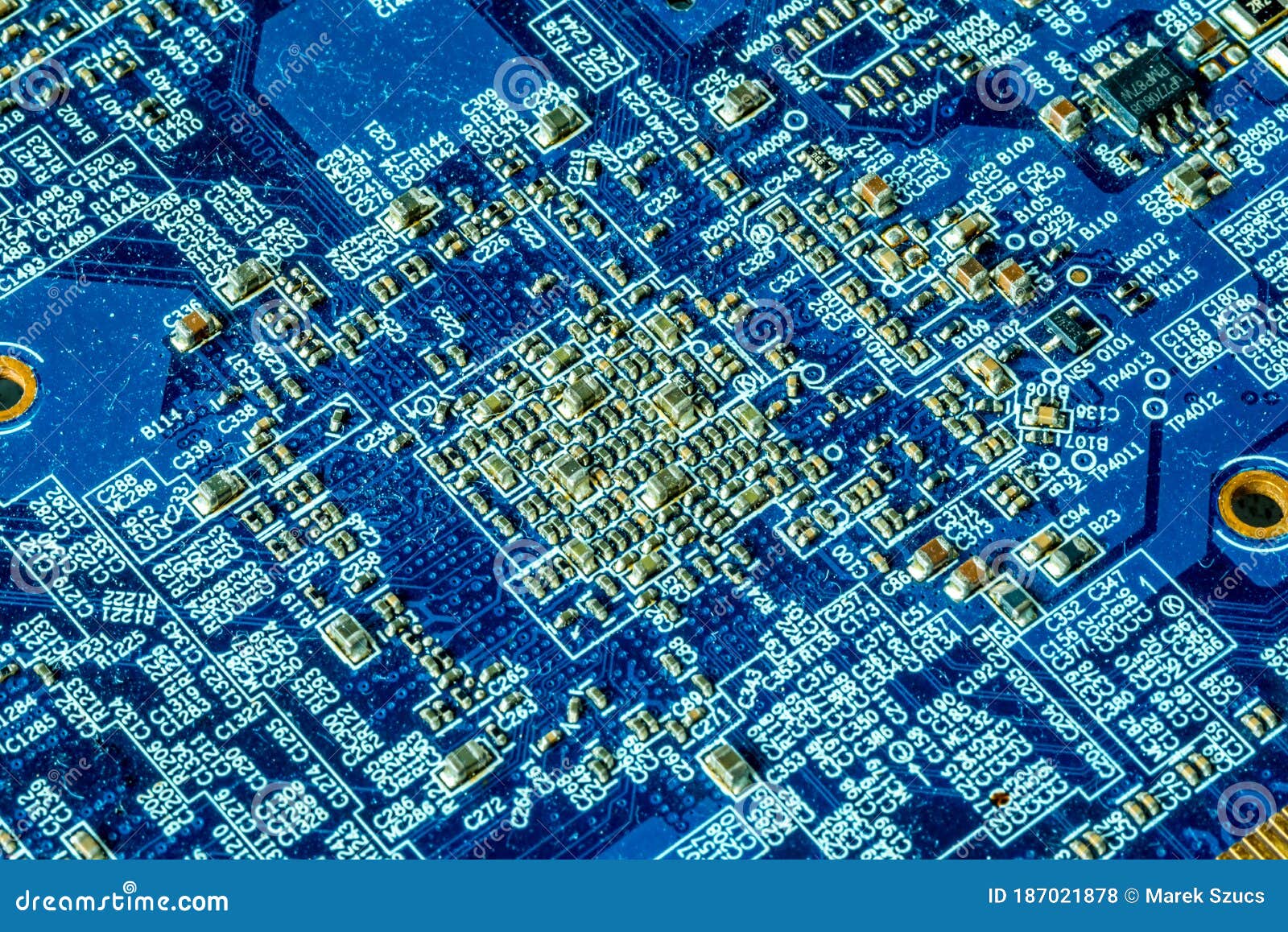 Blue PCB for Computer Components with Electronic Elements Stock Photo ...