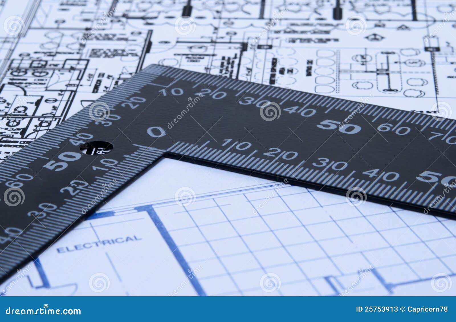 Blue prints and ruler stock image. Image of floor, idea - 25753913