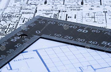 Blue prints and ruler stock image. Image of floor, idea - 25753913