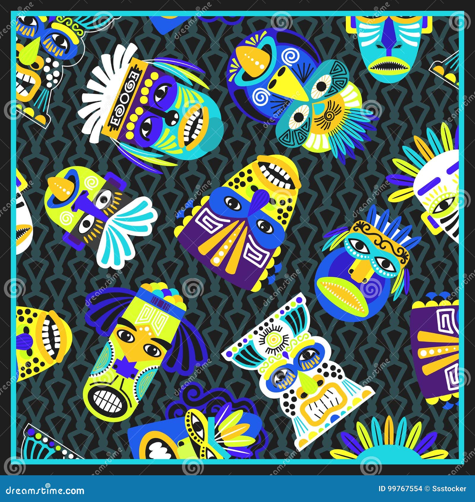 Blue Psychedelic Bandana with Masks Pattern Stock Vector - Illustration ...