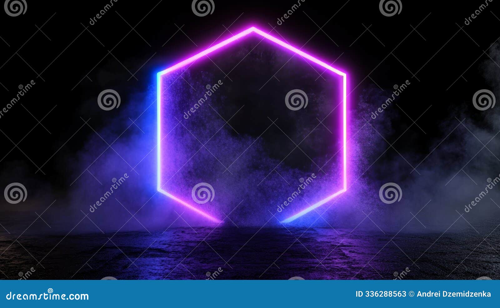 Blue and Purple Fluorescent Light Illuminating Cloud Formation. Hexagon Shaped Neon Frame in ...