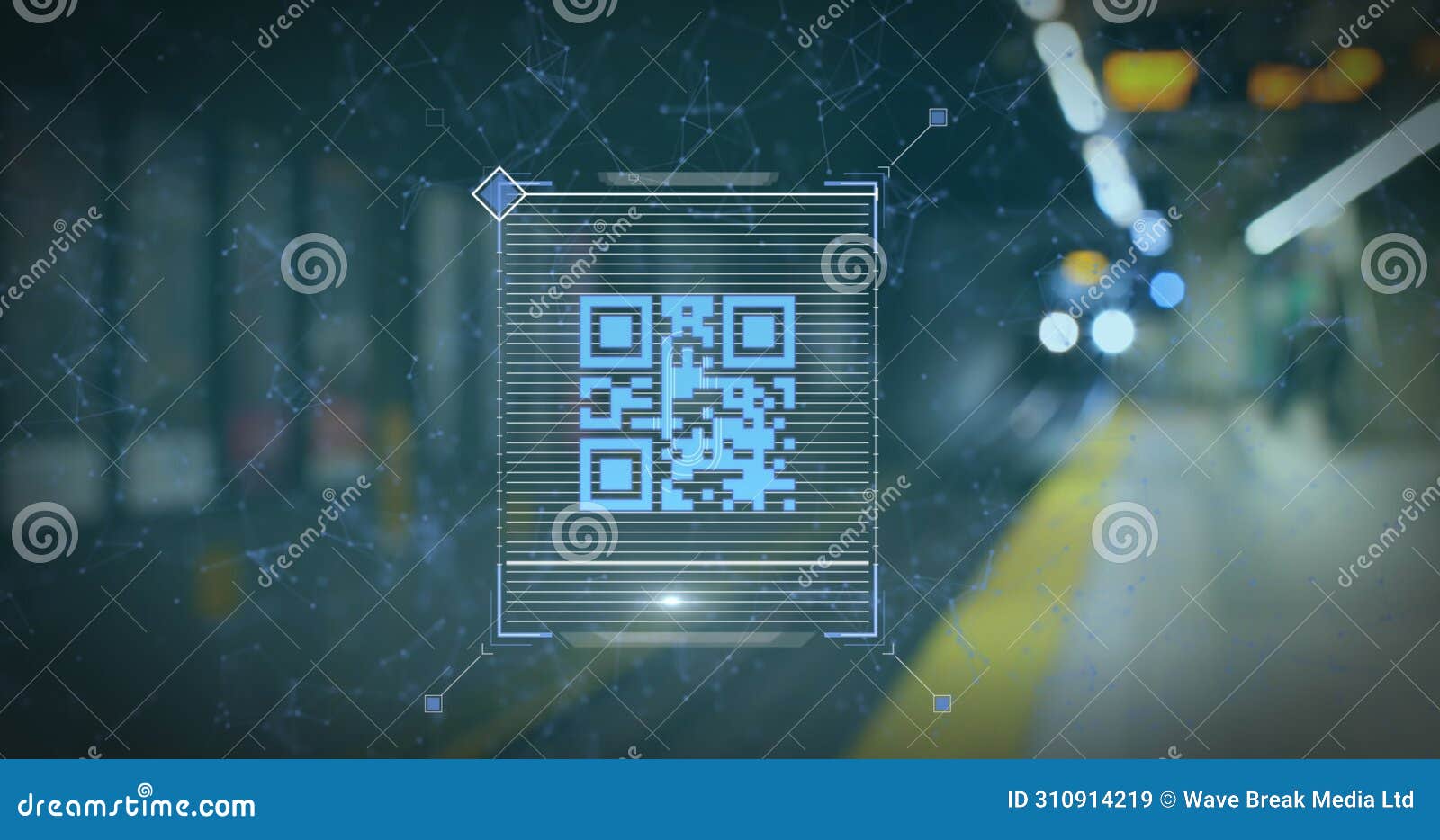 Blue QR Code and Web Connections Overlay on a Train Entering a Station ...