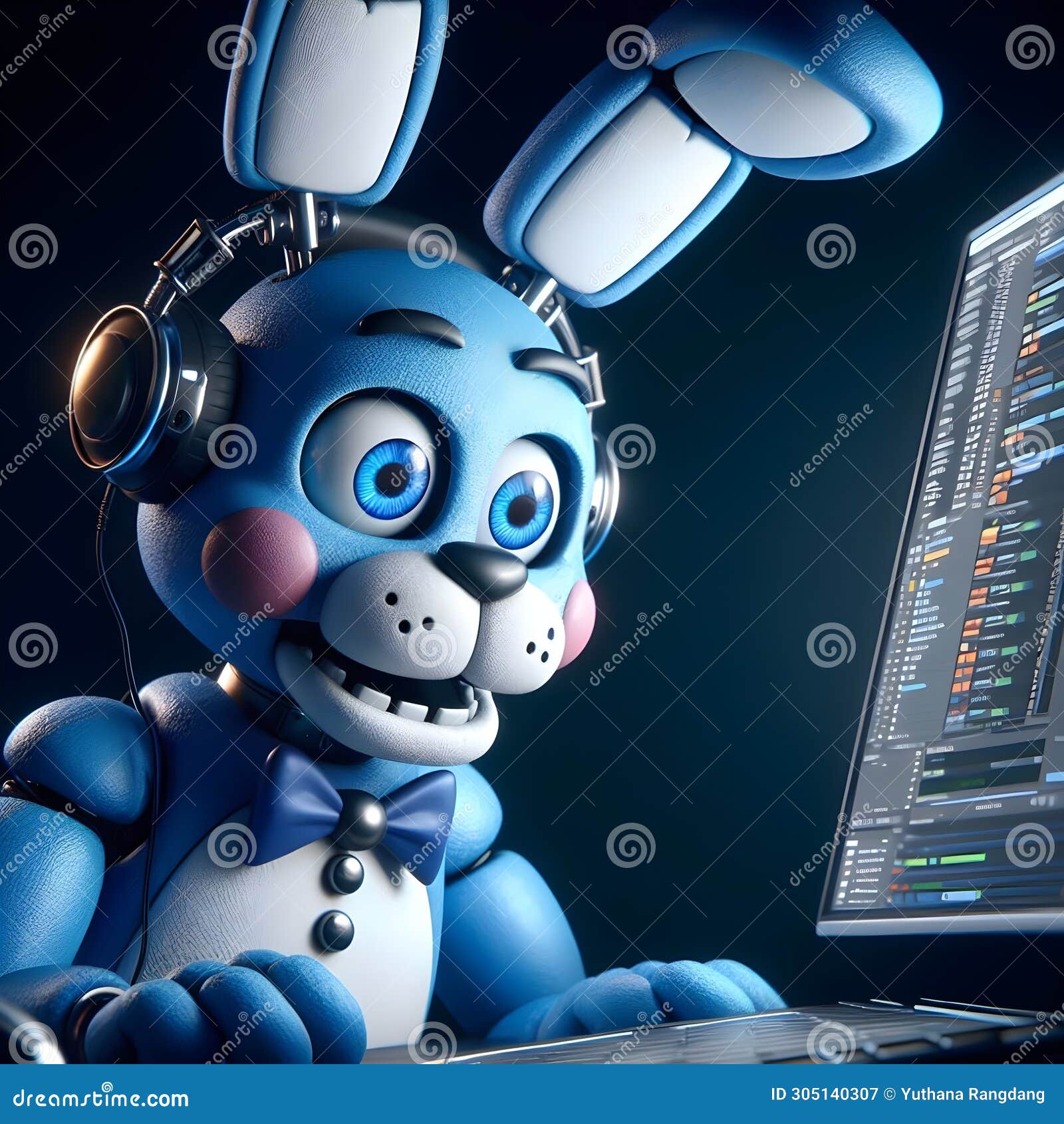 A Blue Rabbit Animatronic Looking at the Screen with Ipelrealistic Eyes ...