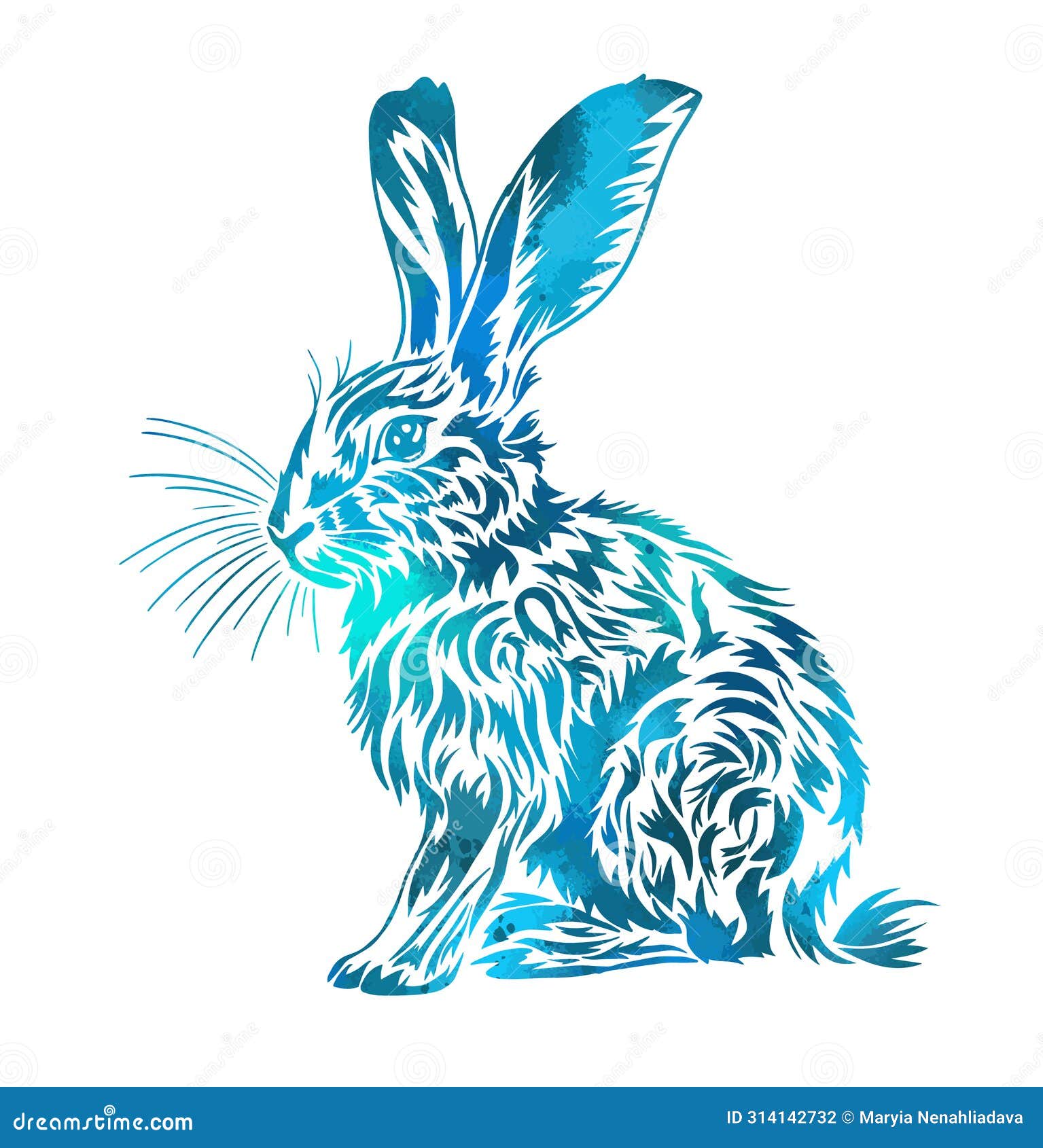 Blue Rabbit Vector Illustration, Isolated on White Background. Hand ...