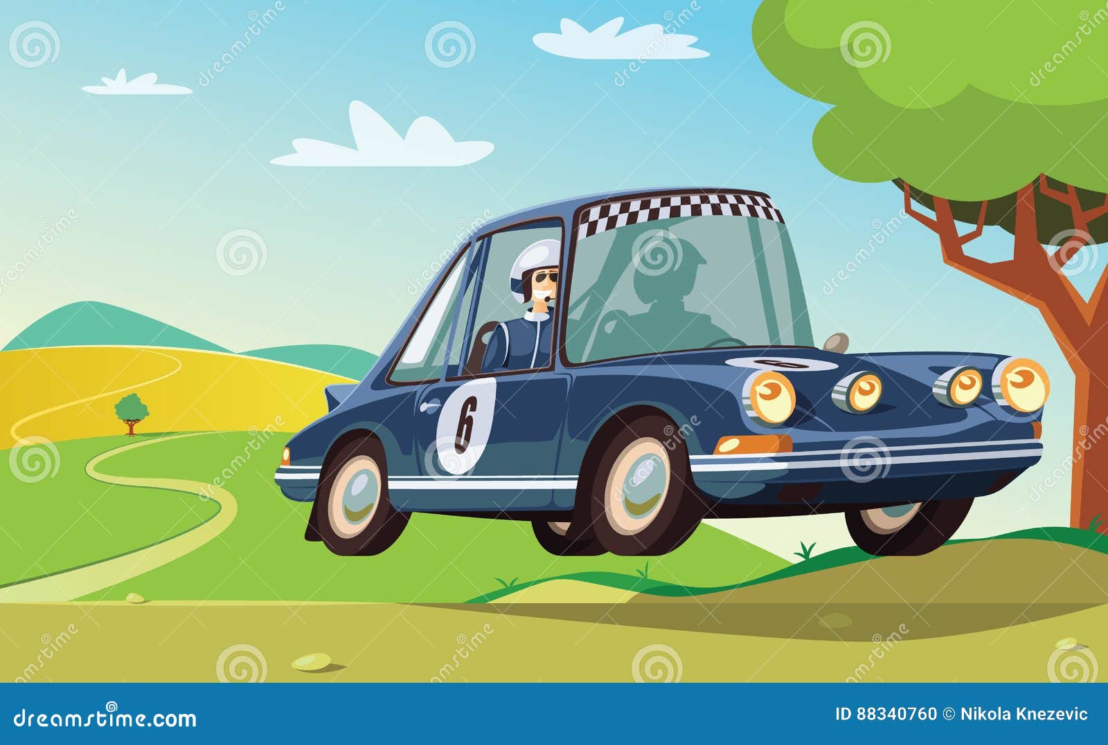 Blue race car in action stock illustration. Illustration of fields ...