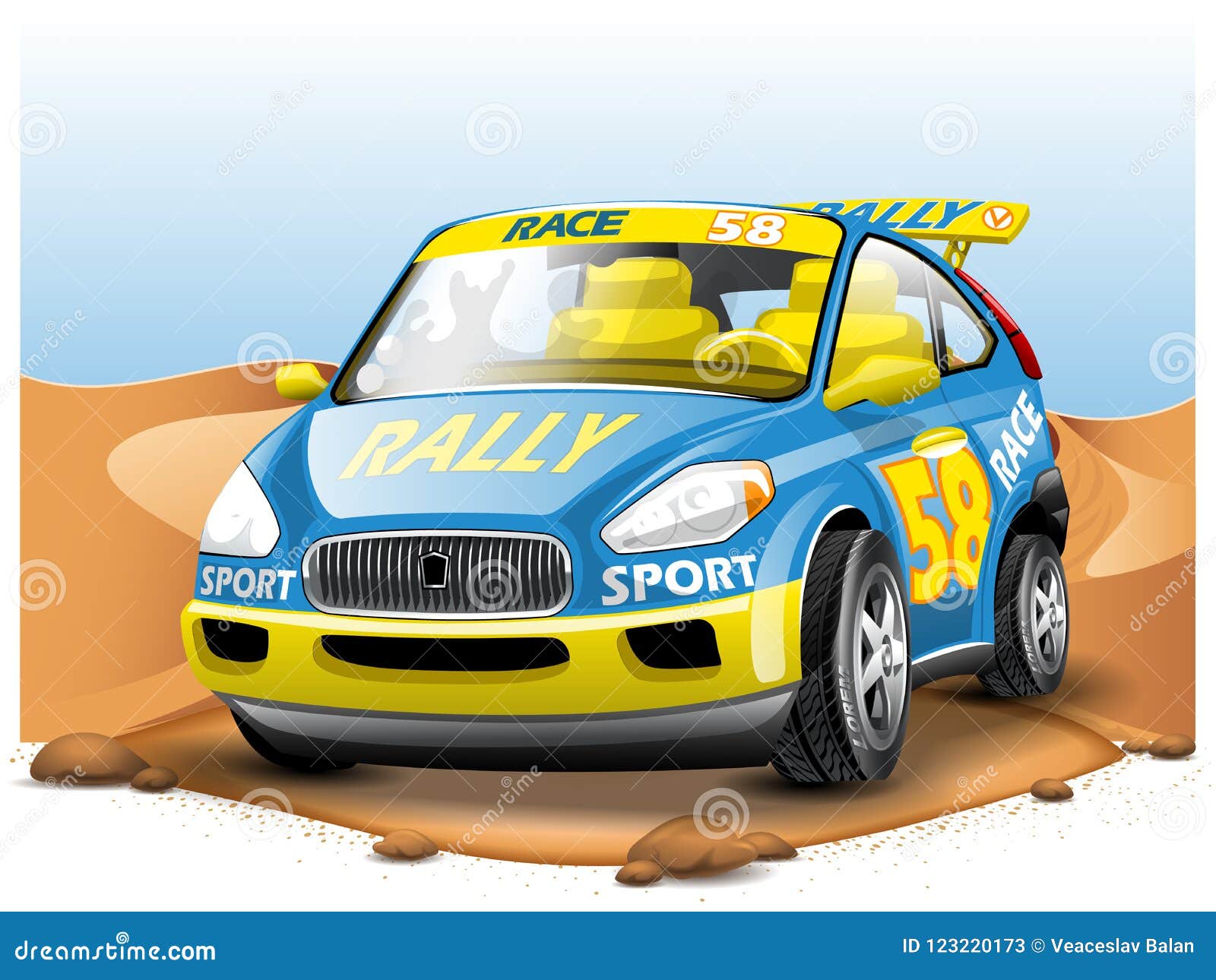 Blue Race Car on Desert Background. in Cartoon Style Stock Vector ...