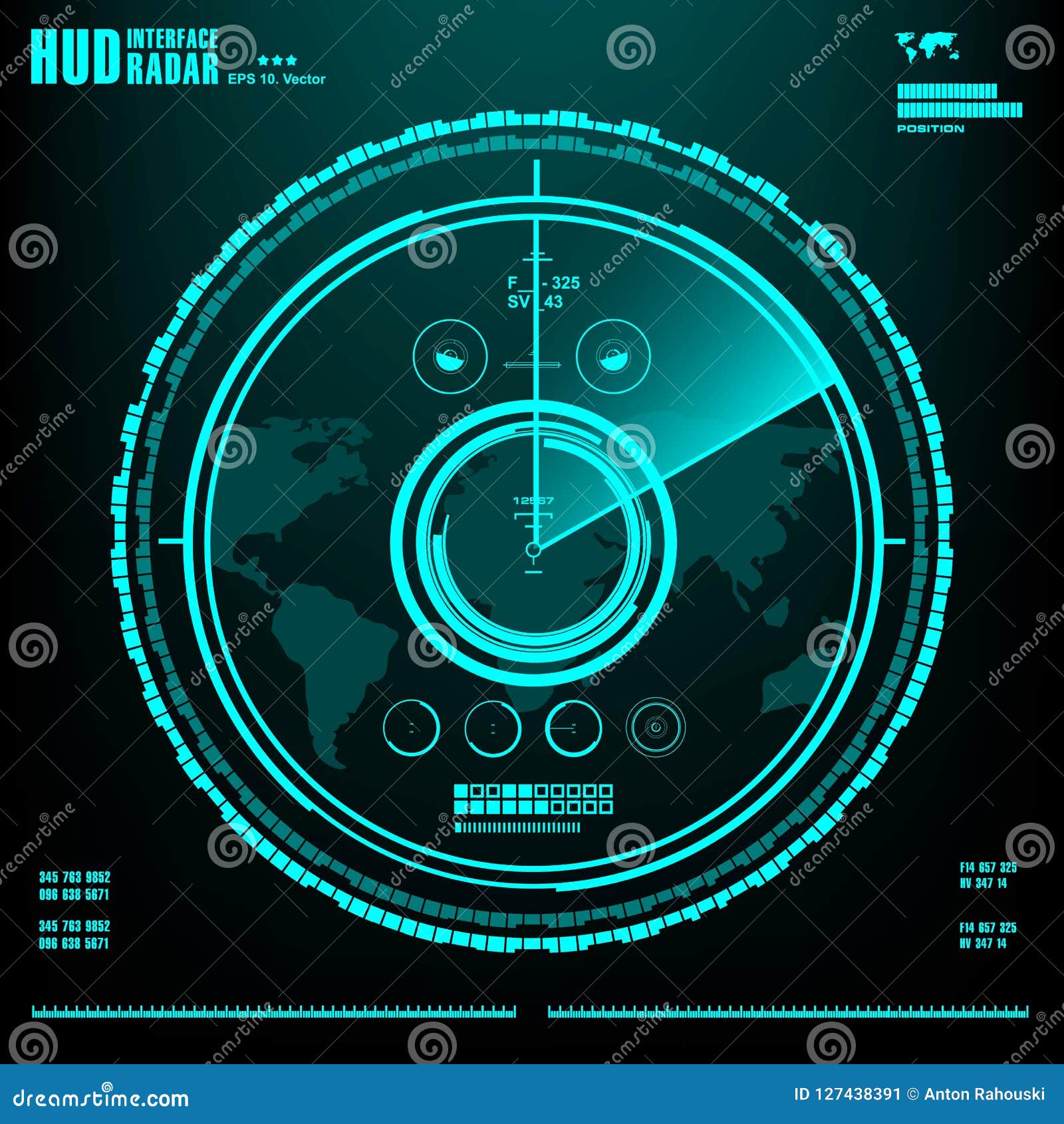 Blue Radar Screen on Black Background, HUD Interface Stock Vector ...