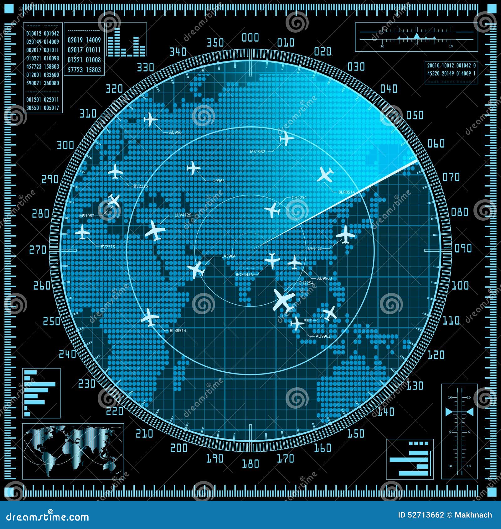Blue Radar Screen With Planes, Air Traffic Control Radar Monitor Show ...