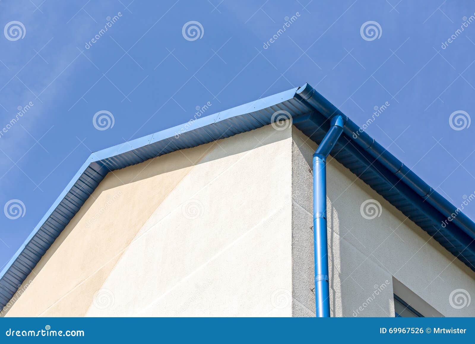 Blue rain gutter system stock photo. Image of cornice - 69967526