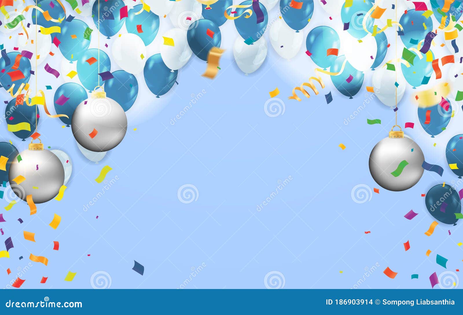 Blue Realistic Glossy Balloons Background with Bokeh Effect. Vector ...
