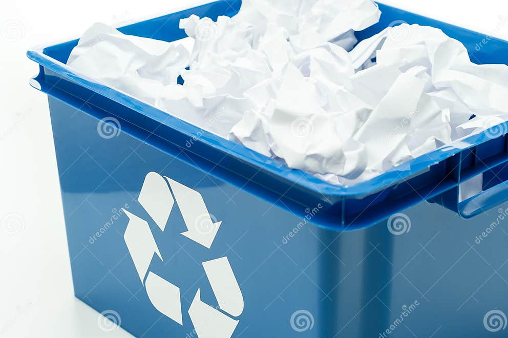 Blue Recycling Bin Box with Paper Waste Stock Image - Image of arrow ...