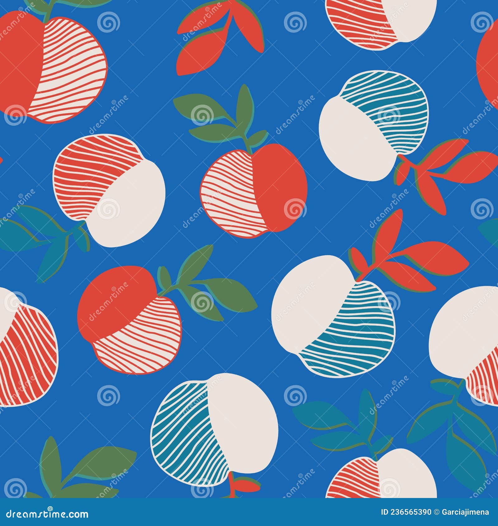 Blue with Red, Blue Apples with White Stripes Seamless Pattern ...