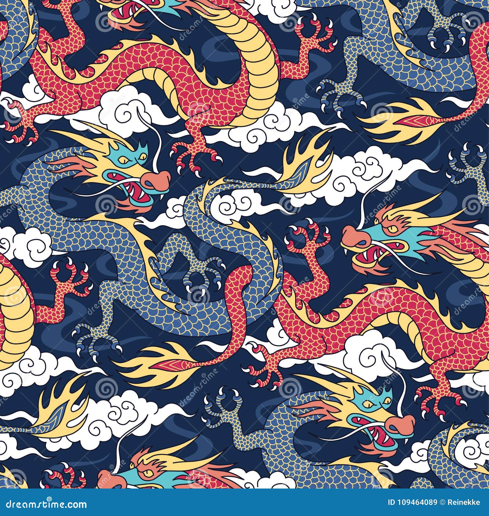 Dragons on blue pattern stock vector. Illustration of pattern - 109464089