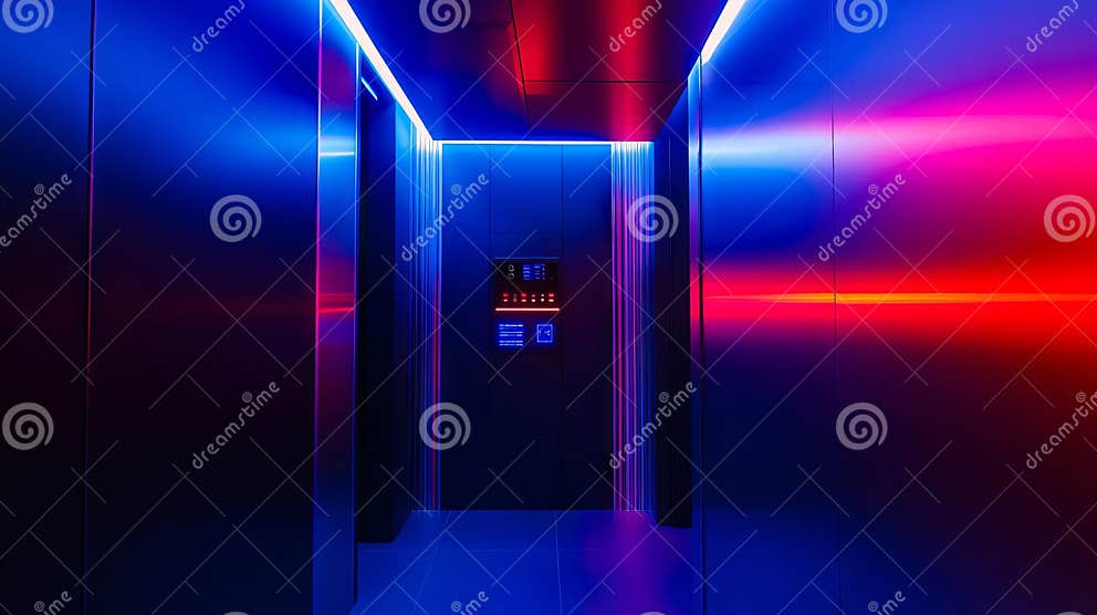 A Blue and Red Elevator in a Dark Room Stock Photo - Image of walls ...
