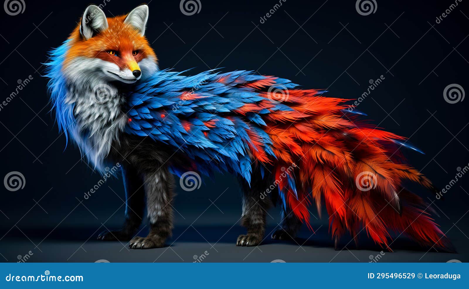 A Blue and Red Fox Full - Length Side View, Covered in Peacock Feathers ...