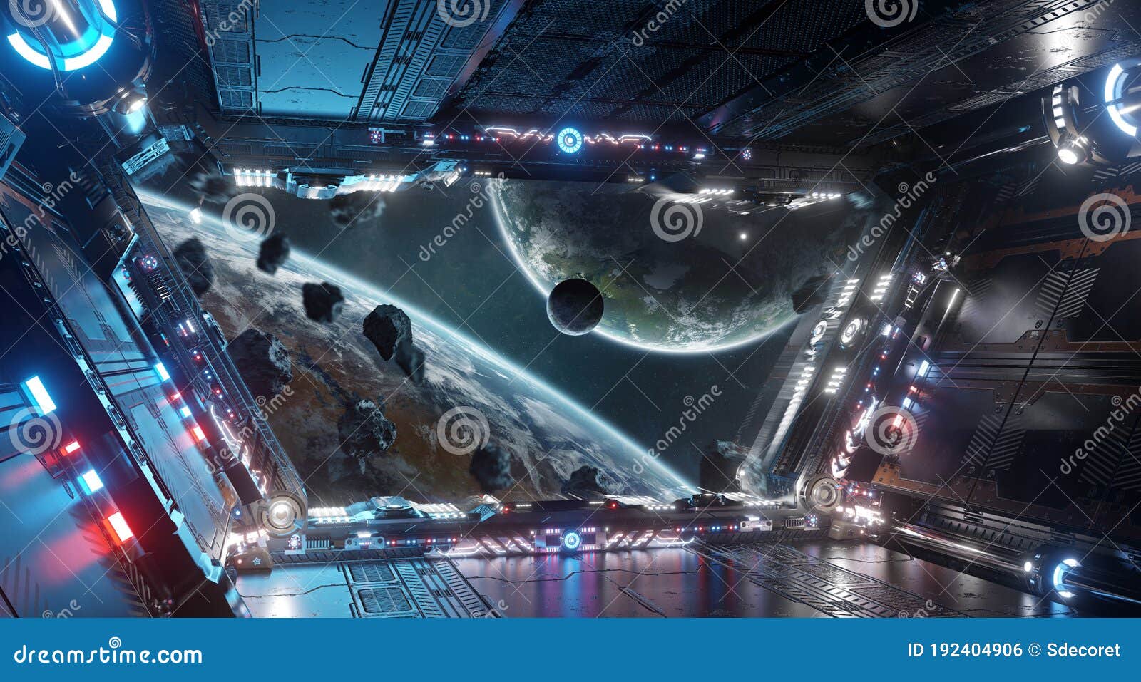 Blue and Red Futuristic Spaceship Interior with Window View on Planets ...
