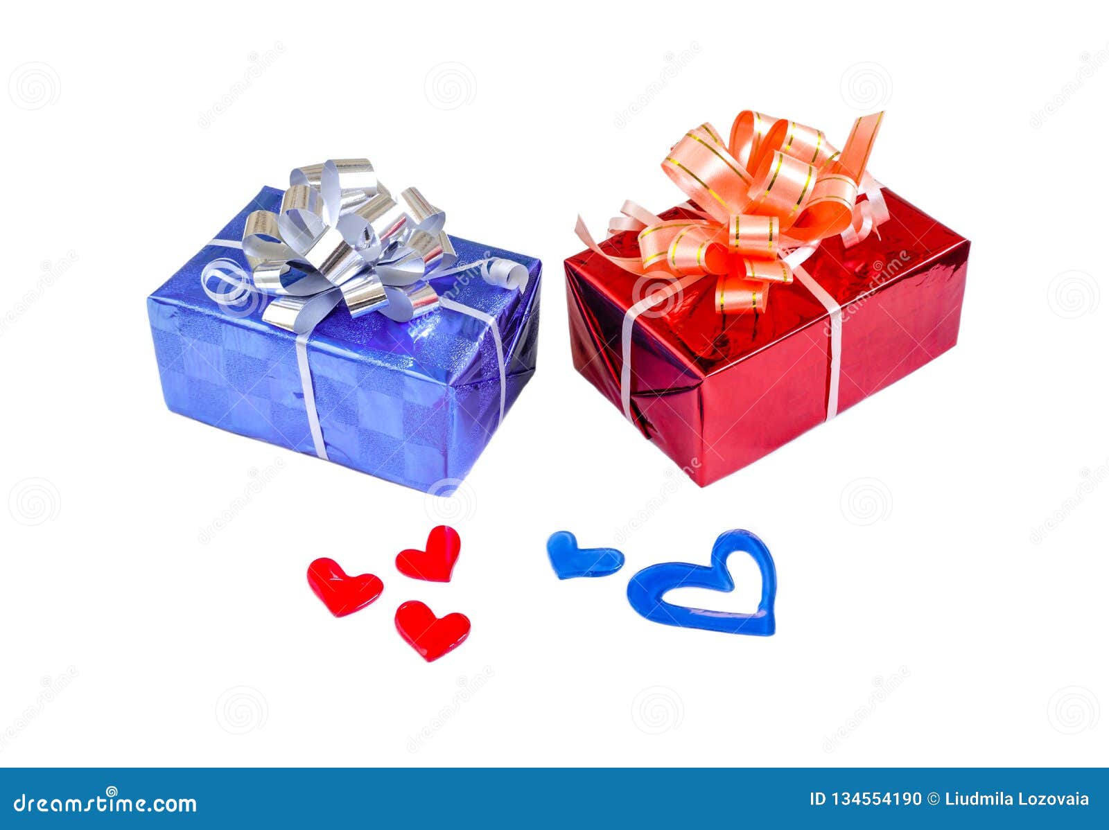 Blue Red Gift Box Red Blue Hearts on White Isolate Background Stock ...