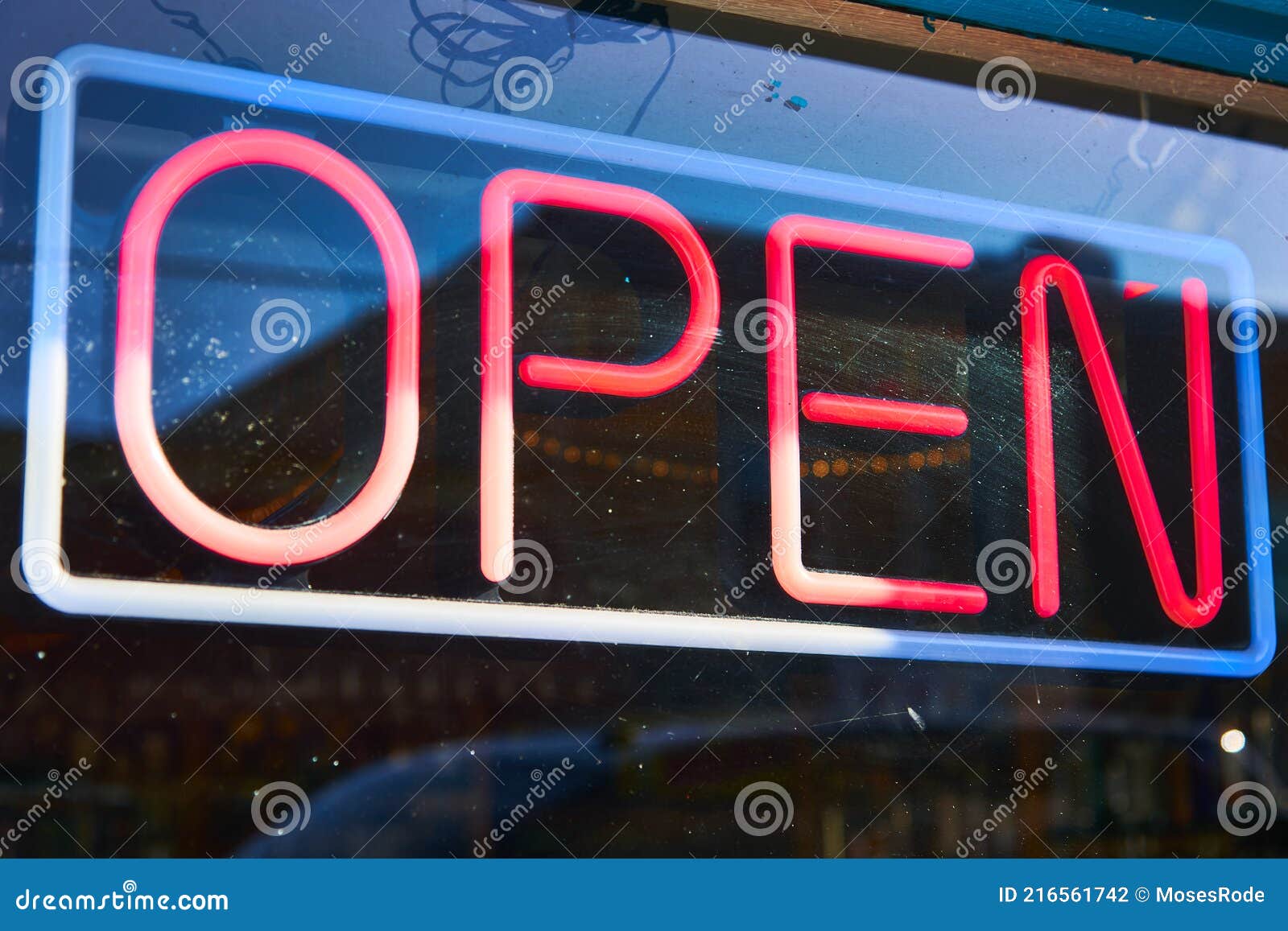Blue and Red Neon Sign Open in Window Stock Photo - Image of diner ...