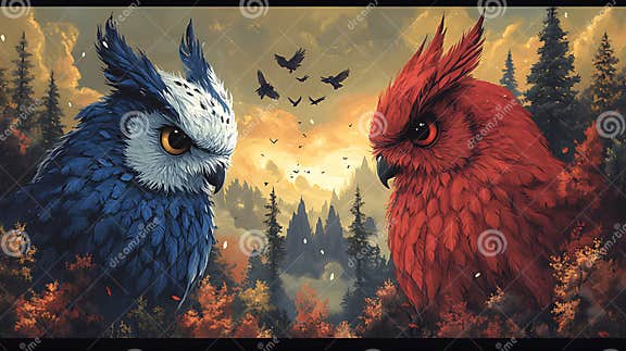 A Blue and Red Owl Face Each Other in a Forest Setting with a Sunset in ...