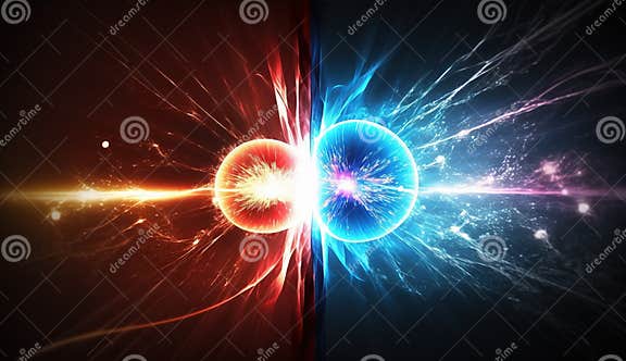 Blue and Red Particles Colliding and Exploding in Dark Space. Matter ...