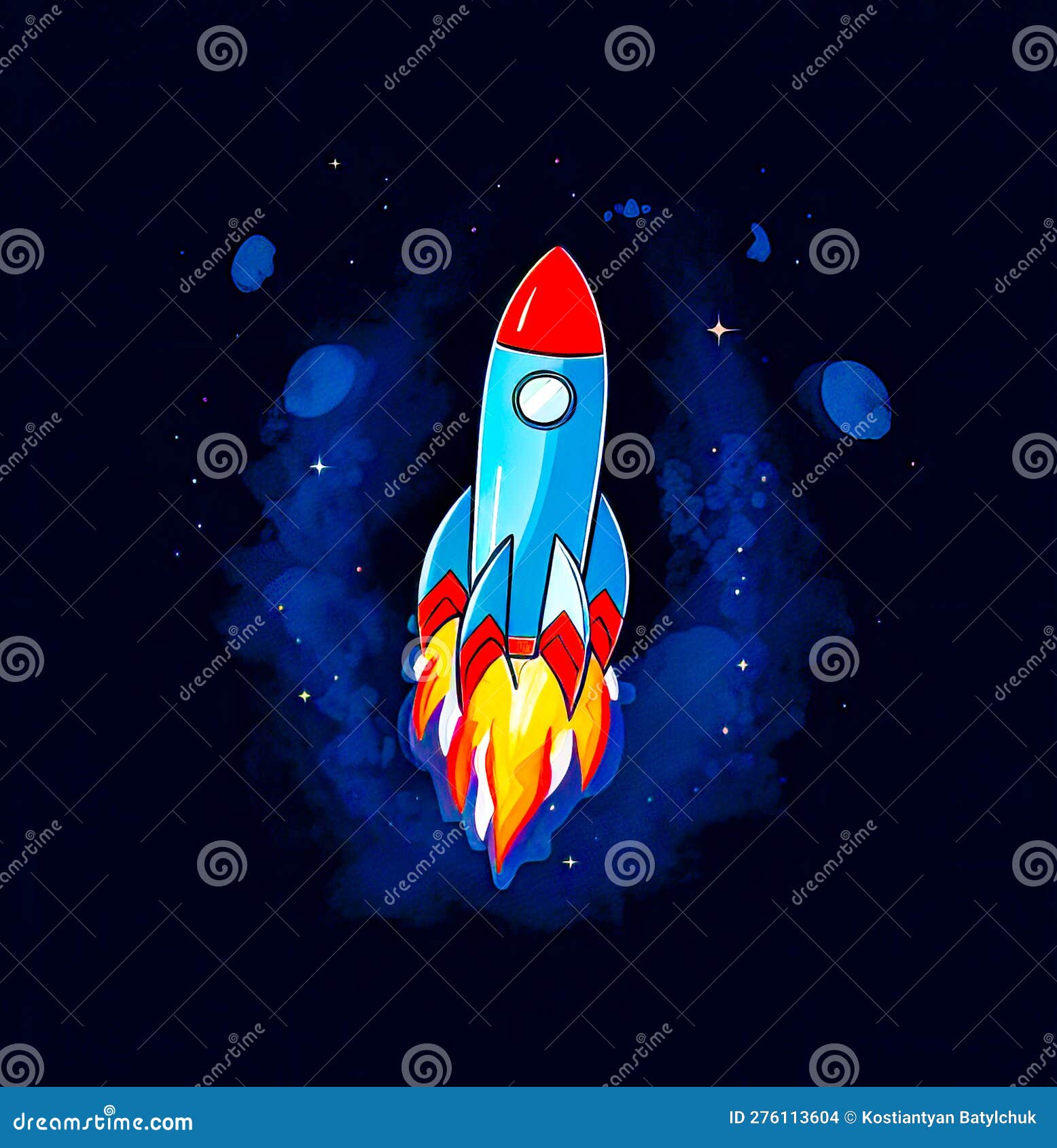 Blue and Red Rocket Ship Flying through the Air with Stars Around it ...