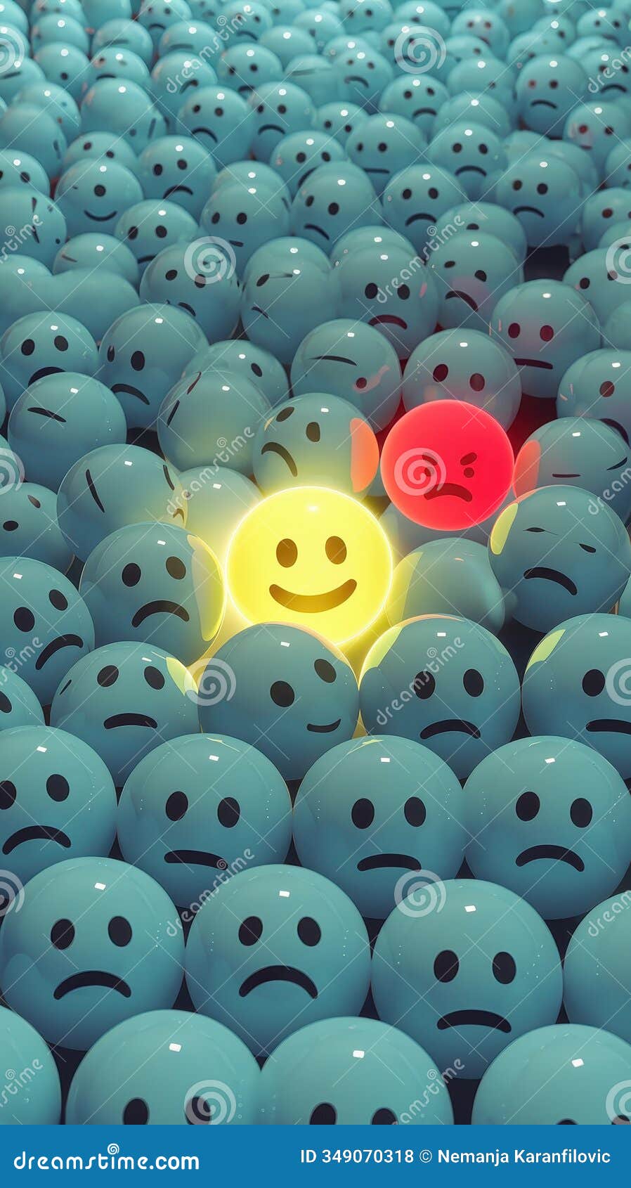 Blue and Red Spheres with Various Emoji Faces, Central Frown Stock ...