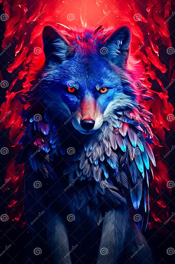 A Blue and Red Wolf Covered in Peacock Feathers Stock Illustration ...