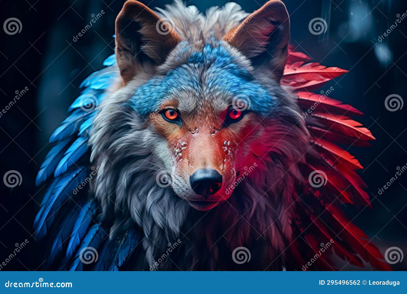 A Blue and Red Wolf Covered in Peacock Feathers Stock Illustration ...