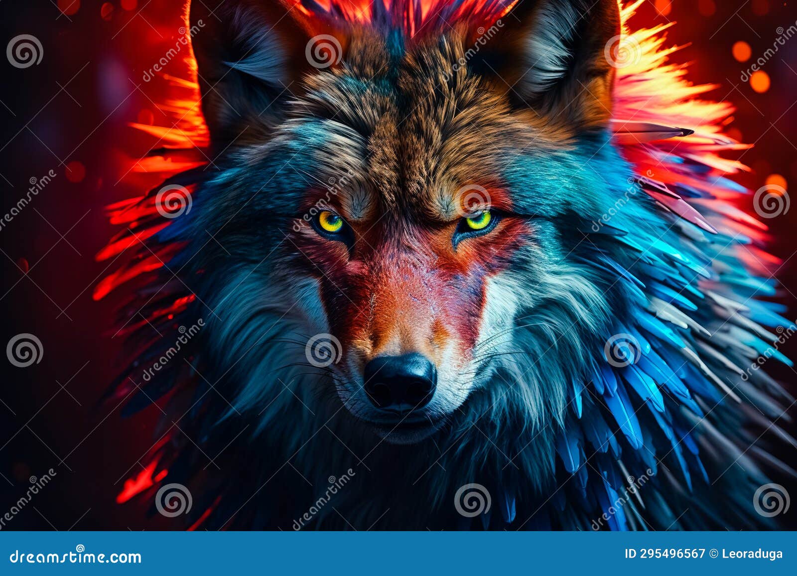 A Blue and Red Wolf Covered in Peacock Feathers Stock Illustration ...