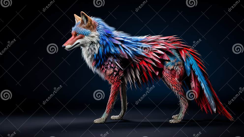 A Blue and Red Wolf Full-length Side View, Covered in Peacock Feathers ...