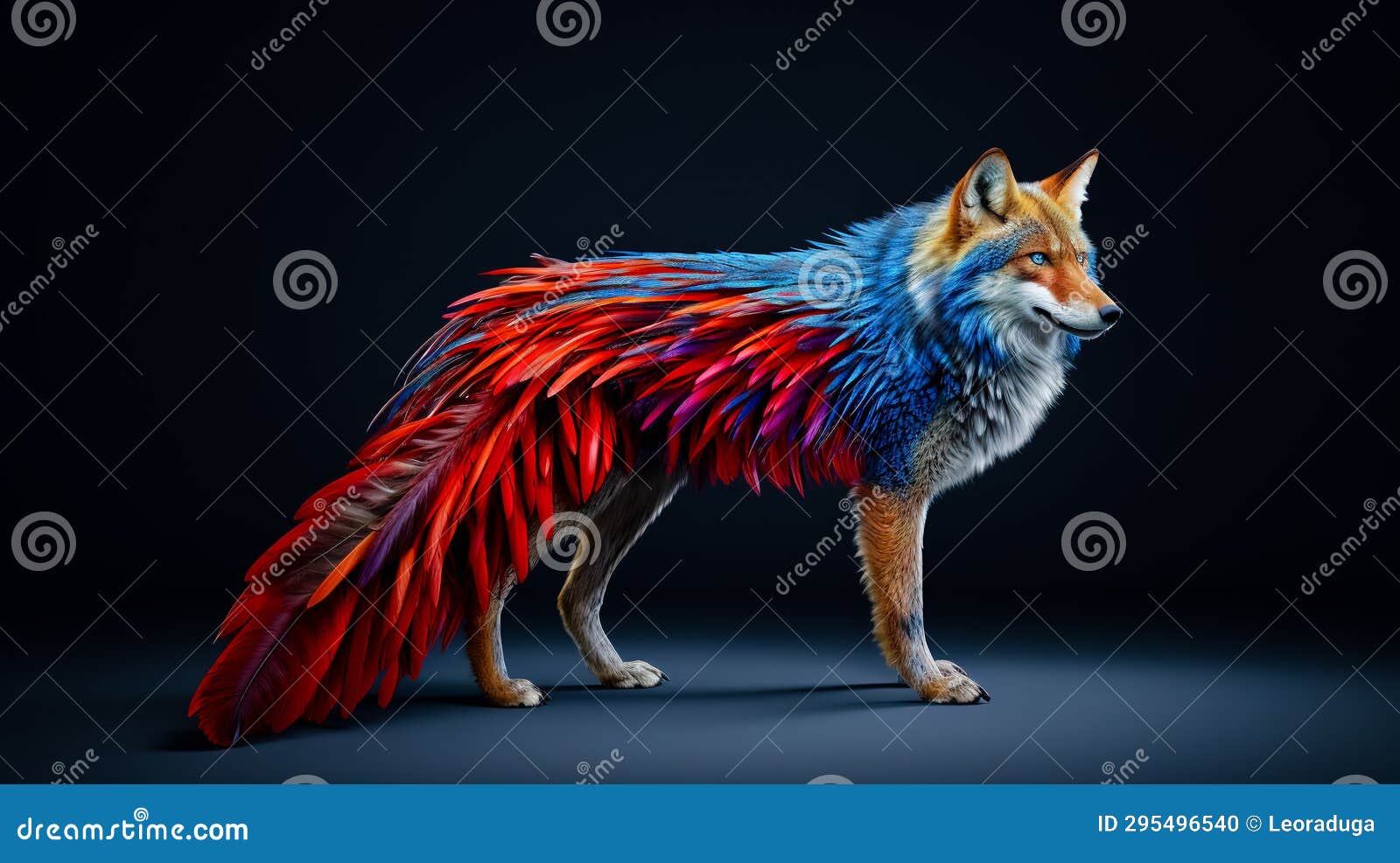 A Blue and Red Wolf Full-length Side View, Covered in Peacock Feathers ...