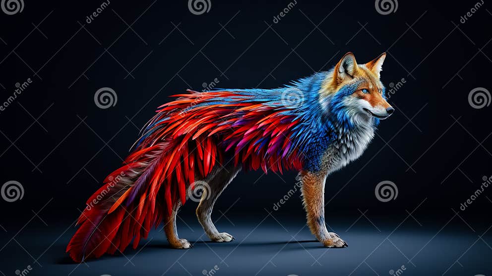 A Blue and Red Wolf Full-length Side View, Covered in Peacock Feathers ...
