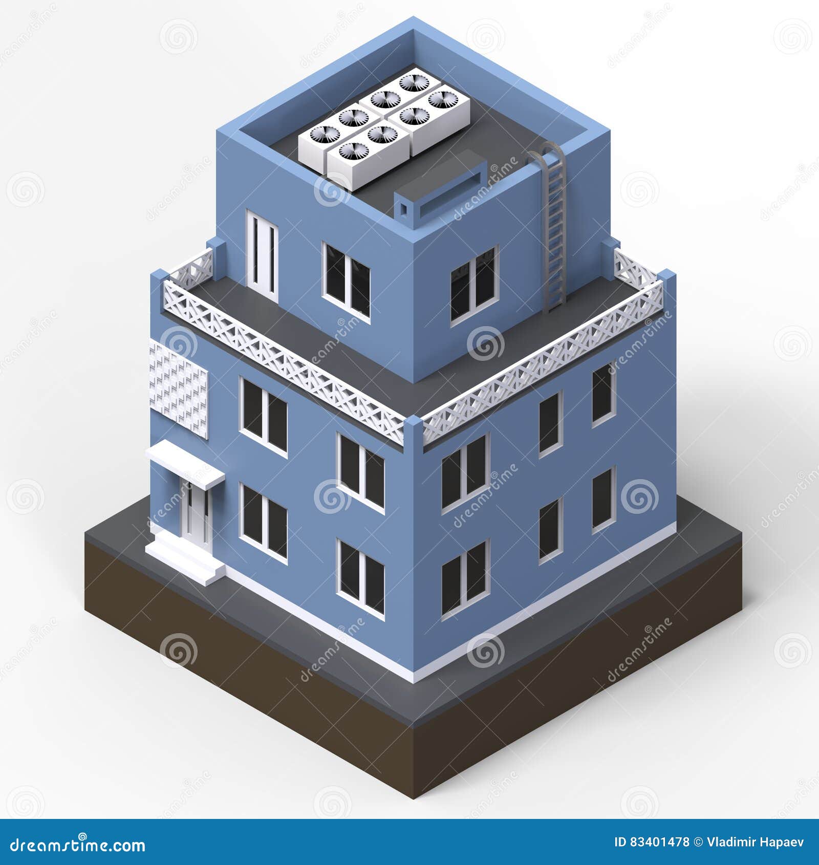 Blue Residential Building in a Small Isolated Platform. Raster 3d ...