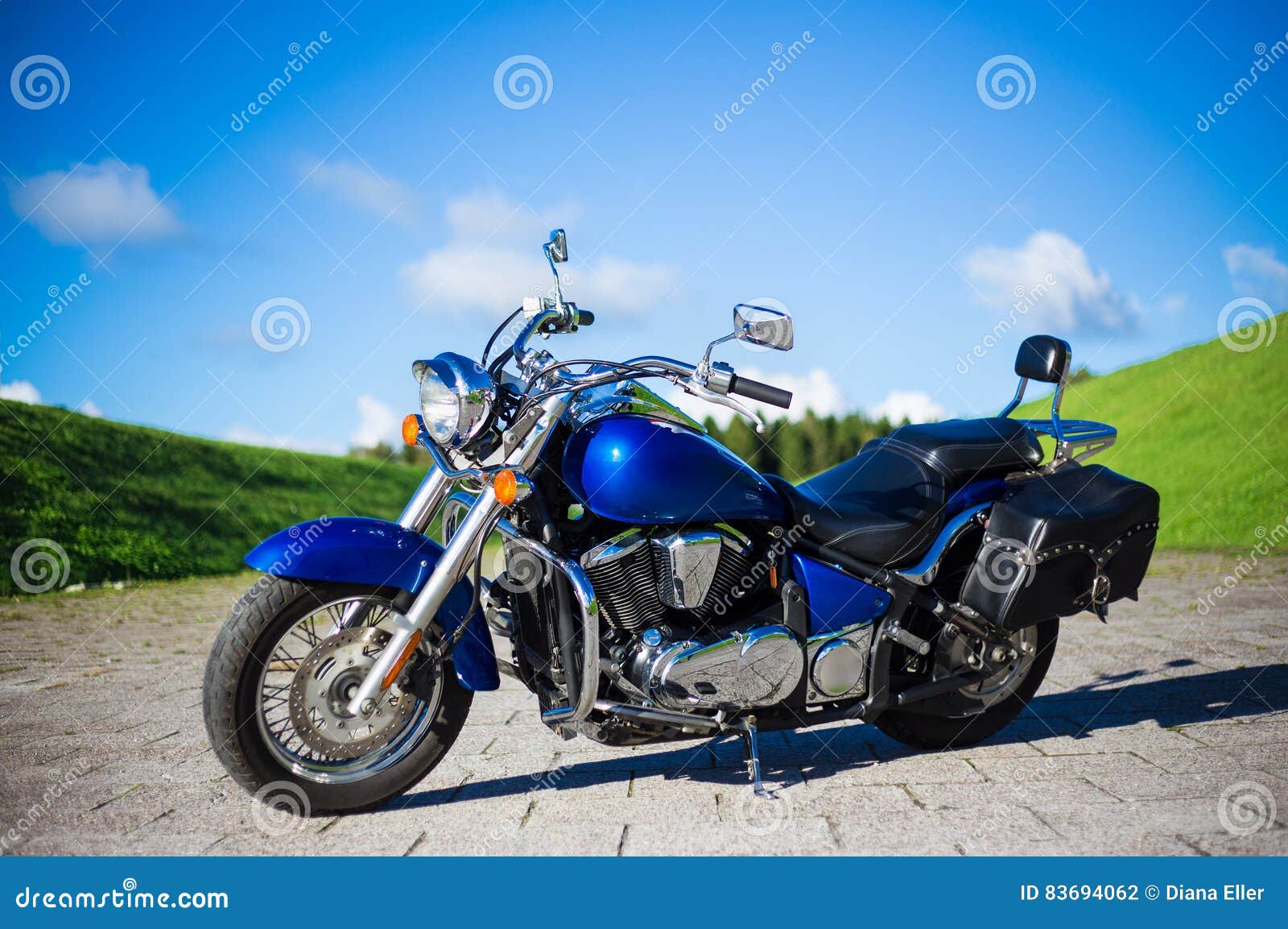 Blue Retro Motorcycle on the Road Stock Photo - Image of street, road ...