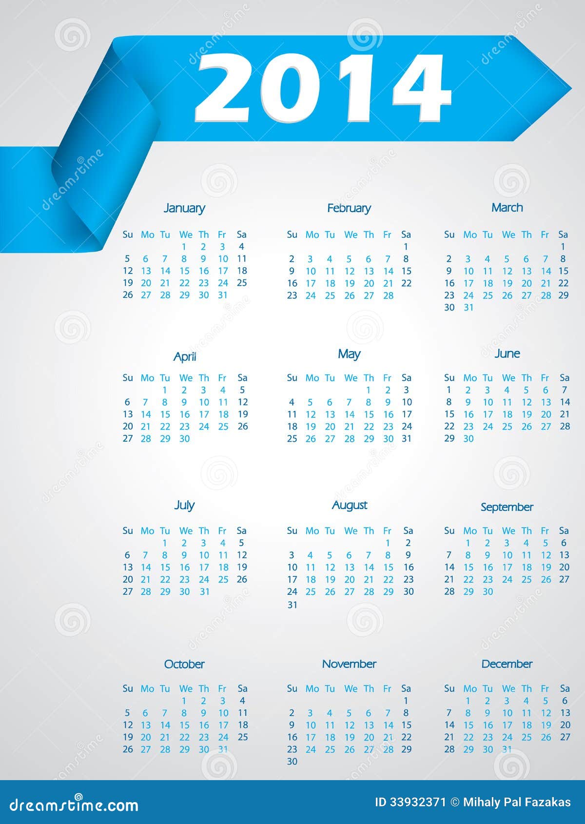 Blue Ribbon Calendar Design for 2014 Stock Vector - Illustration of ...